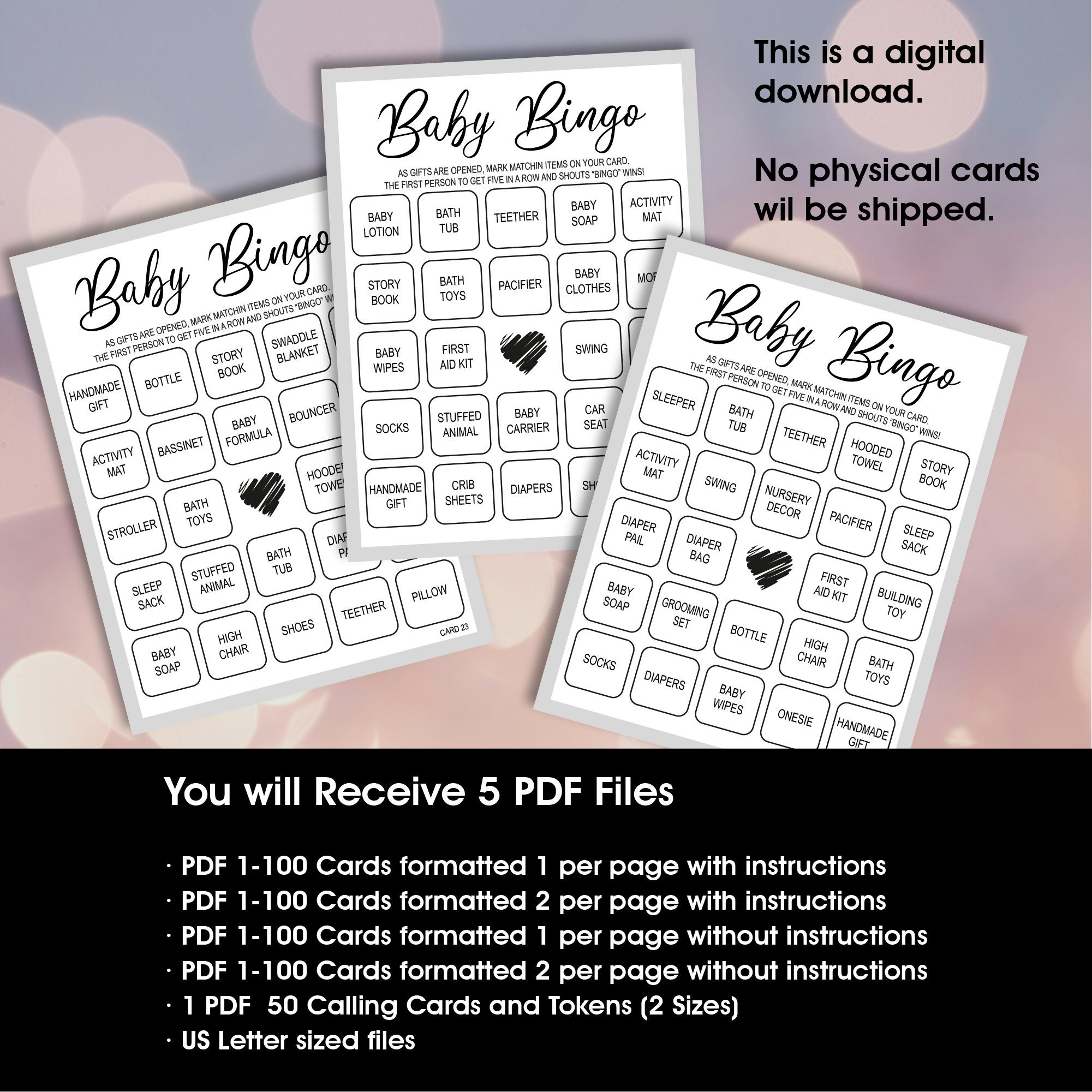 100 Baby Bingo Cards, 1 or 2 per Page, Baby Party Game, Baby Shower ...