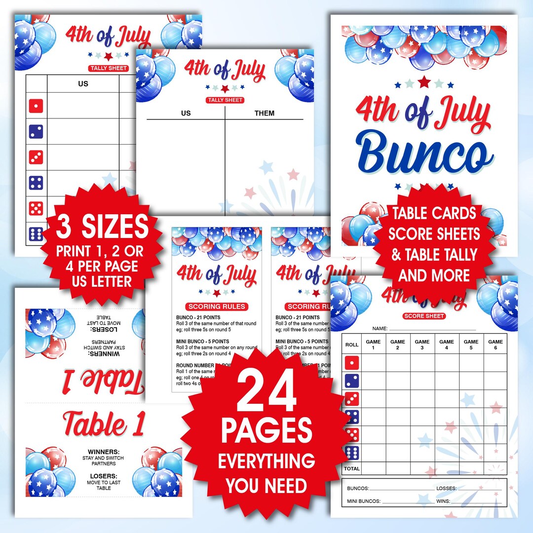4th of July BUNCO Bundle, Score Cards, Tally Sheets, Name Tags, Table ...
