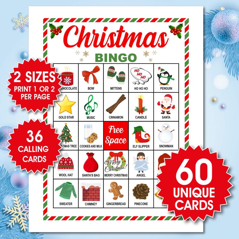 60 Christmas Bingo Cards, Christmas Party Game, Printable Kids ...