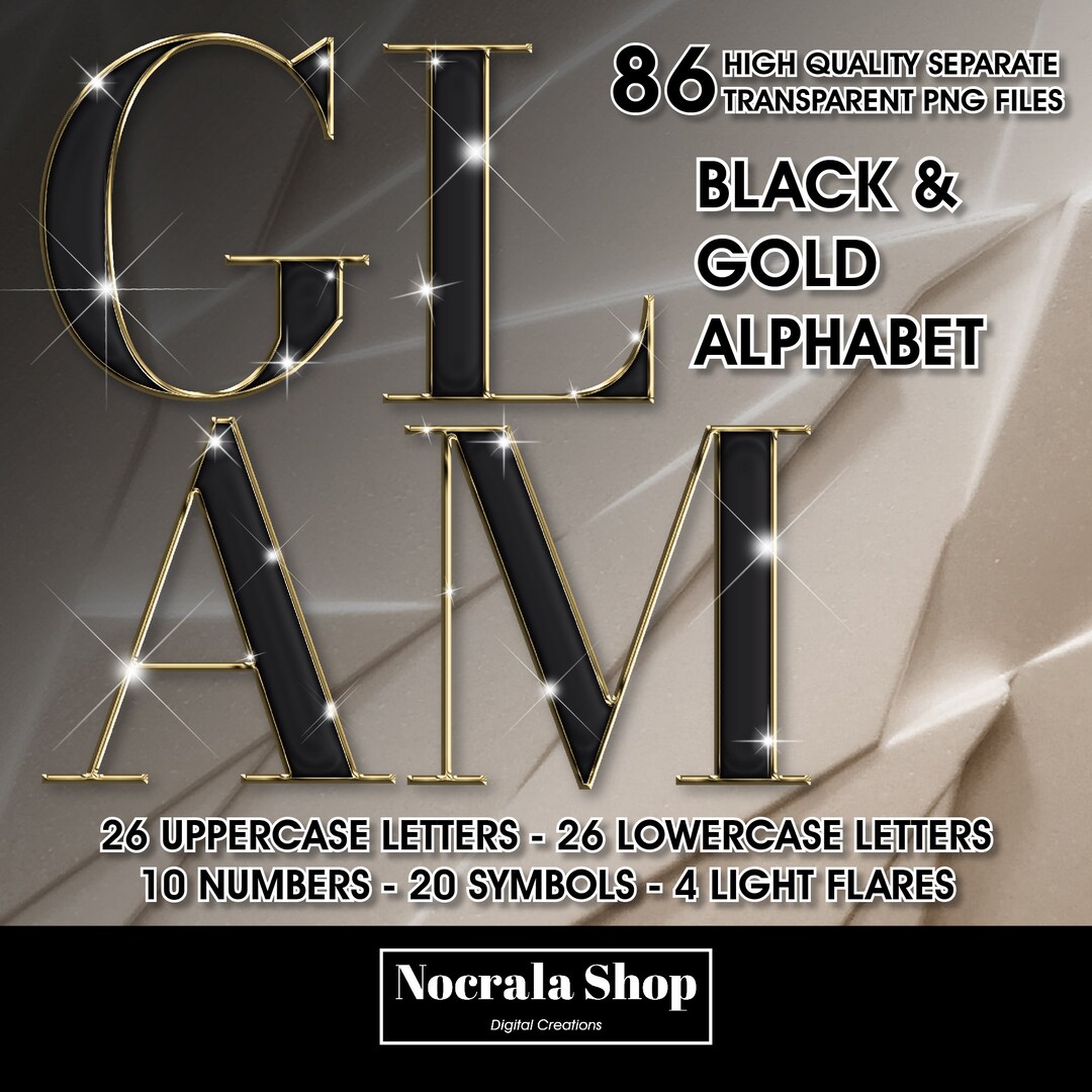 Black and Gold Glam Alphabet Clipart, PNG Digital Clip Art, Black Letters, High Shine Alphabet ...
