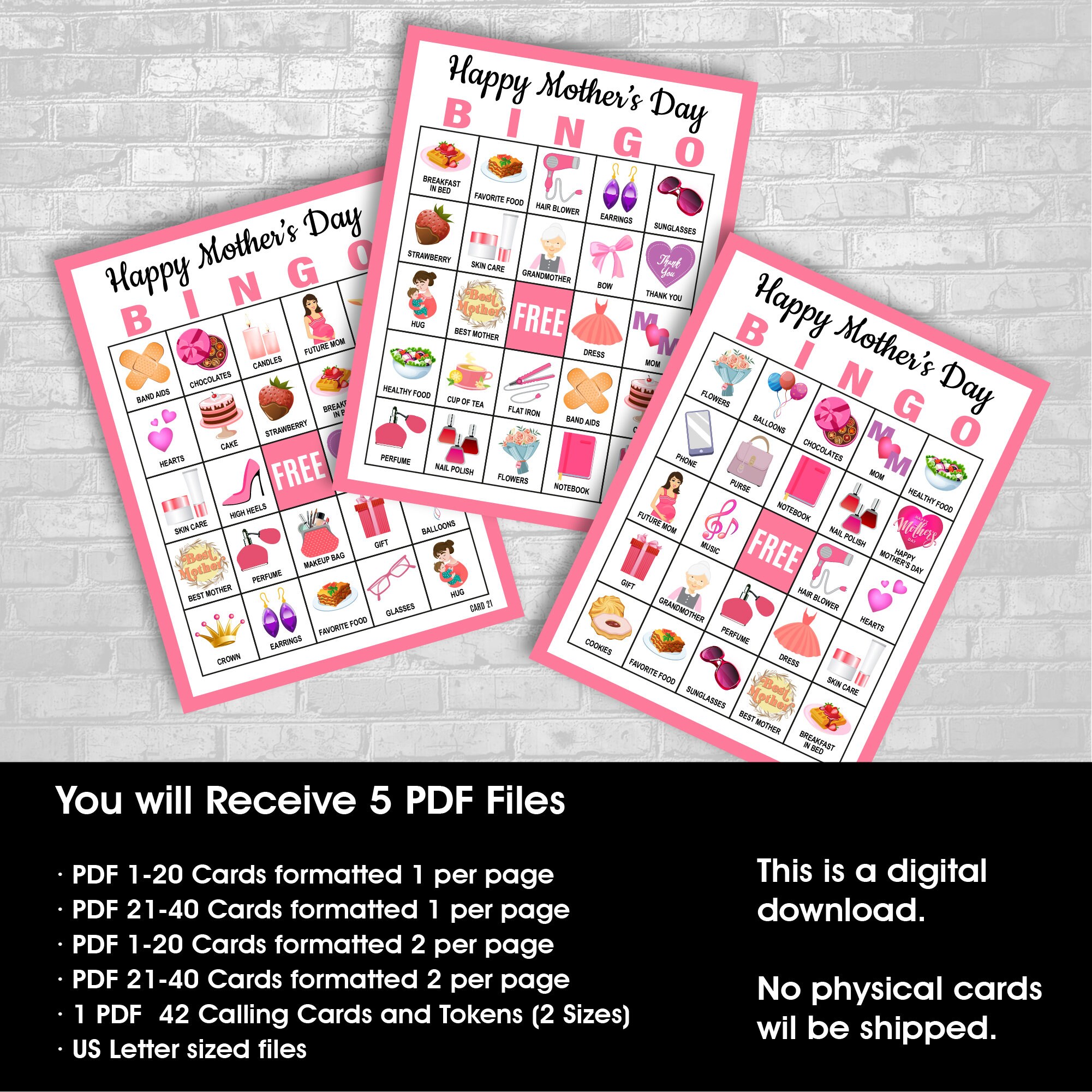 40 Happy Mother's Day Bingo Cards, 1 or 2 per Page, Mother's Day Party ...