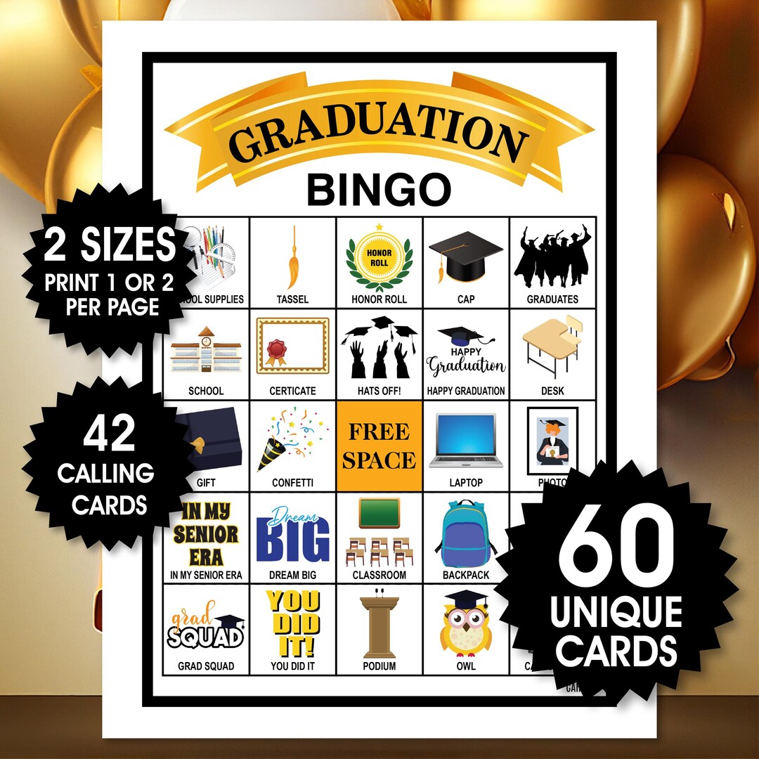 60 Graduation Bingo Cards, College Party Game (PDF Download) - Etsy