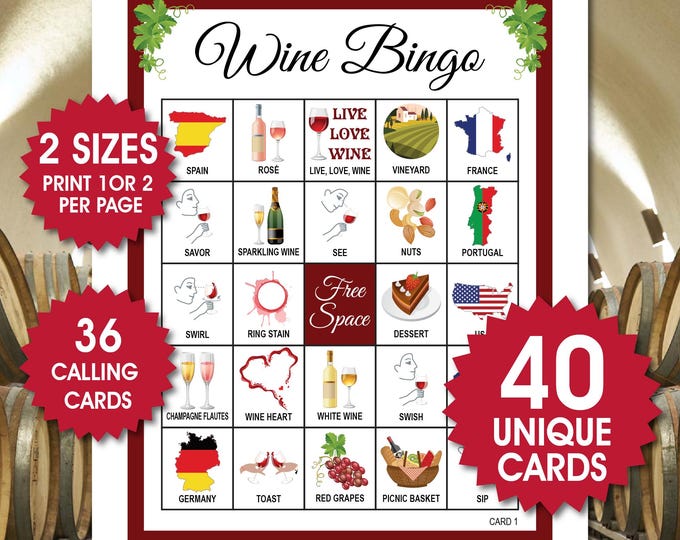Wine Bingo, Wine Tasting Game Printable, Wine Themed Game, Winery Games ...