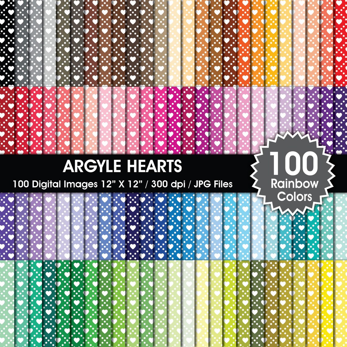 100 Argyle Hearts Digital Paper, Rainbow Colors Backgrounds, Bundle ...