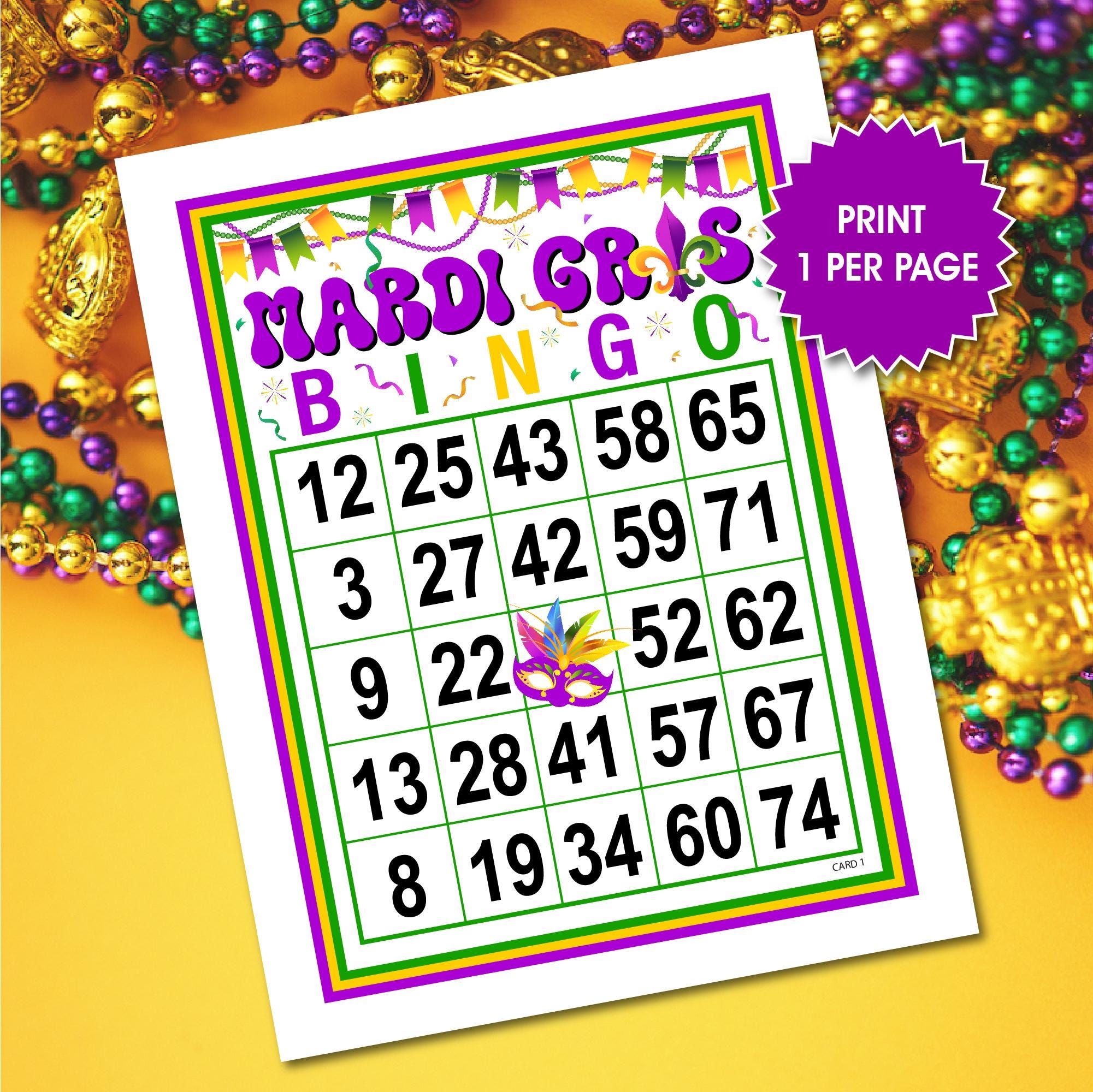 100 Mardi Gras Bingo Cards, 1, 2 or 4 per Page, Mardi Gras Bingo Game ...