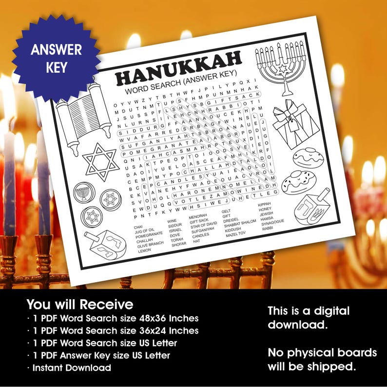 Giant Hanukkah Word Search, Hanukkah Game, Printable Hanukkah Search ...