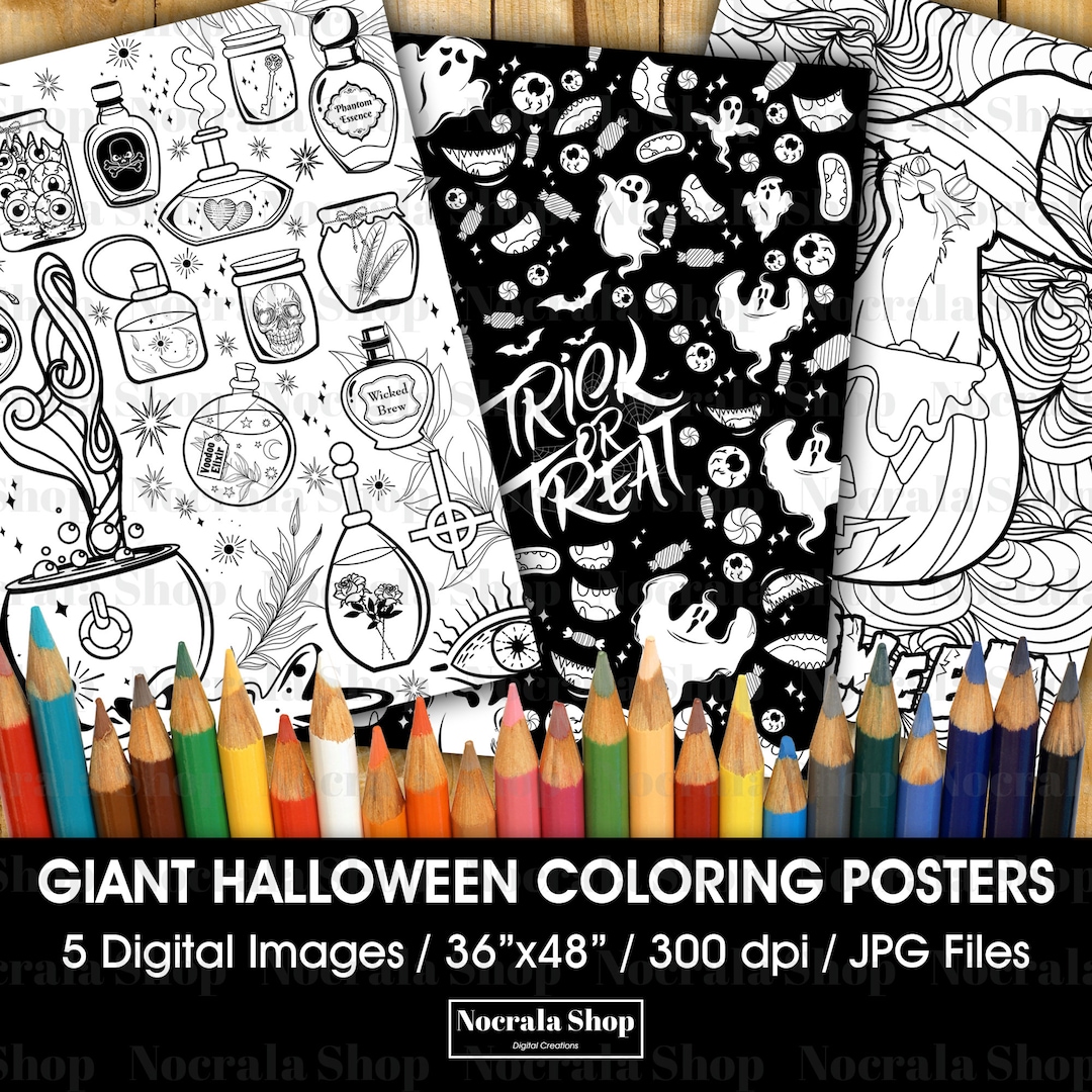 5 Giant Coloring Halloween Posters, Coloring Poster, Holiday Coloring ...