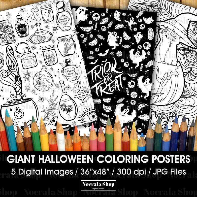5 Giant Coloring Halloween Posters, Coloring Poster, Holiday Coloring ...