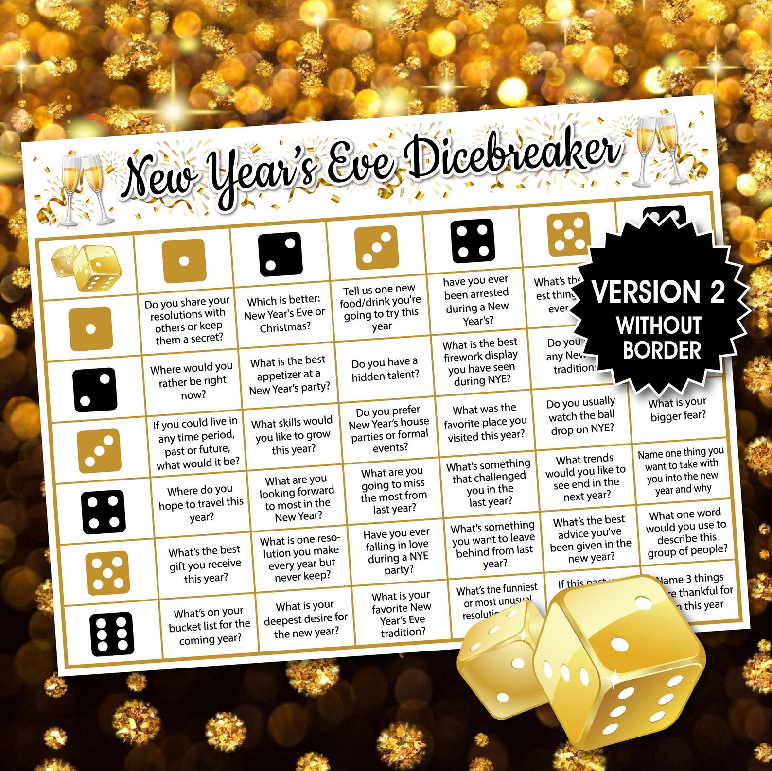 New Year's Eve Icebreaker Dice Game, Party Conversation Starters (PDF ...