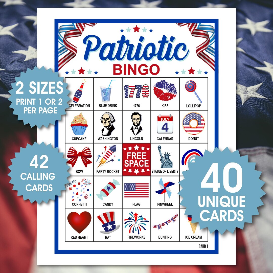 40 Patriotic Bingo Cards, 1 or 2 per Page, Fun Party Game, 4th of July ...
