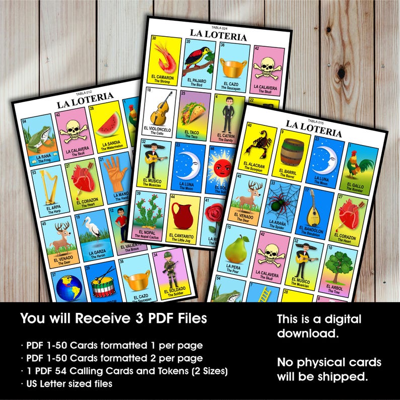 50 Cartones de Lotería para Niños, Lotería Bilingüe en Español e Inglés ...