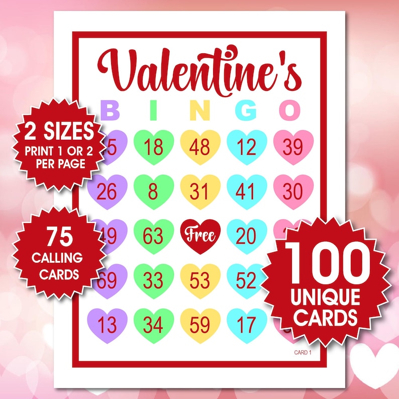100 Hearts Valentine's Bingo Cards, Fun Party Game (PDF Files) - Etsy