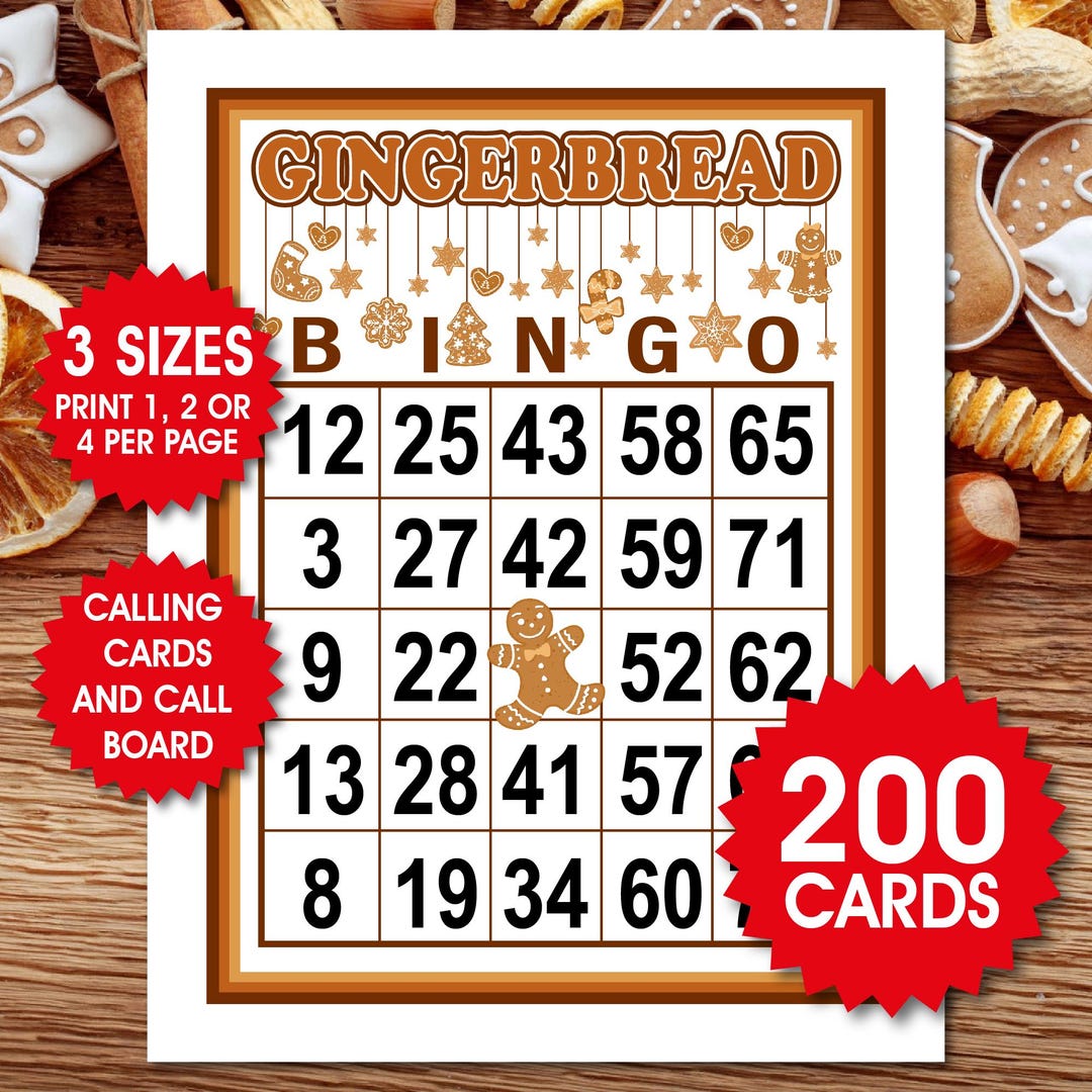 200 Gingerbread Bingo Cards, 1, 2 or 4 per Page, Cute Holidays Bingo ...