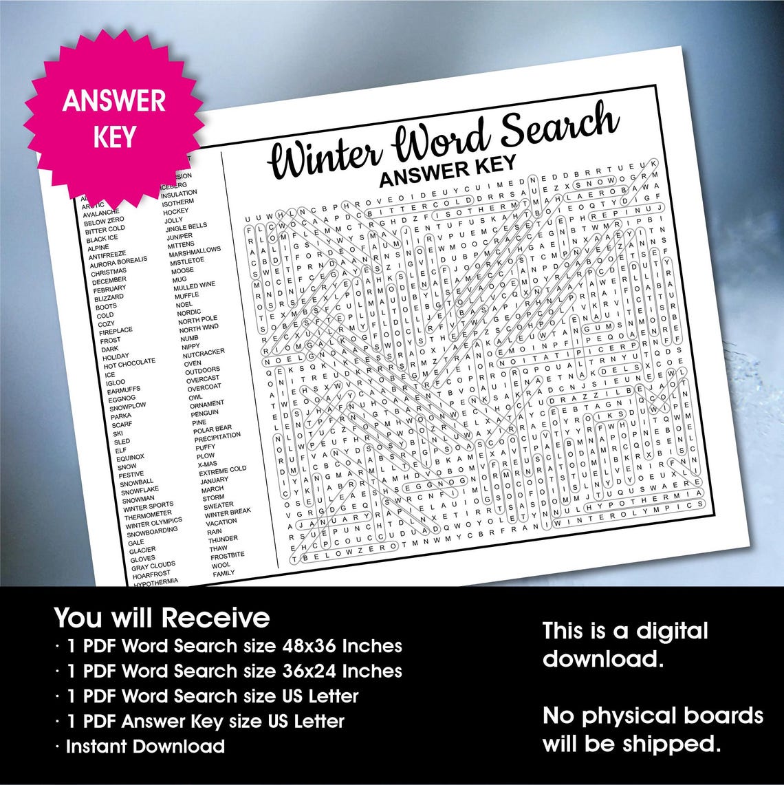 Giant Winter Word Search, Winter Fun Game, Printable Winter Word Search ...