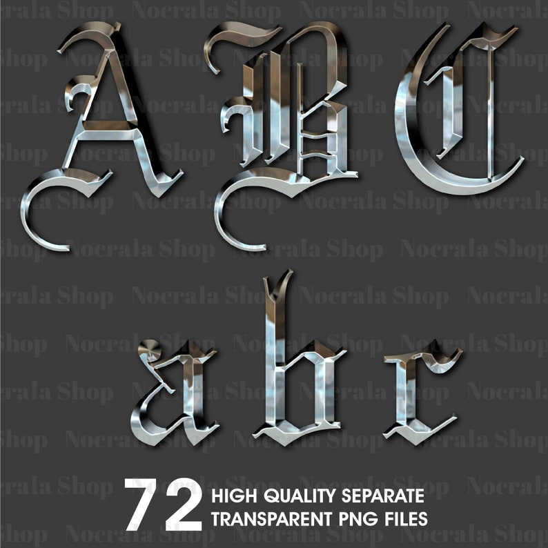 Gothic Silver Alphabet Clipart, PNG Digital Clip Art, Silver Gothic ...