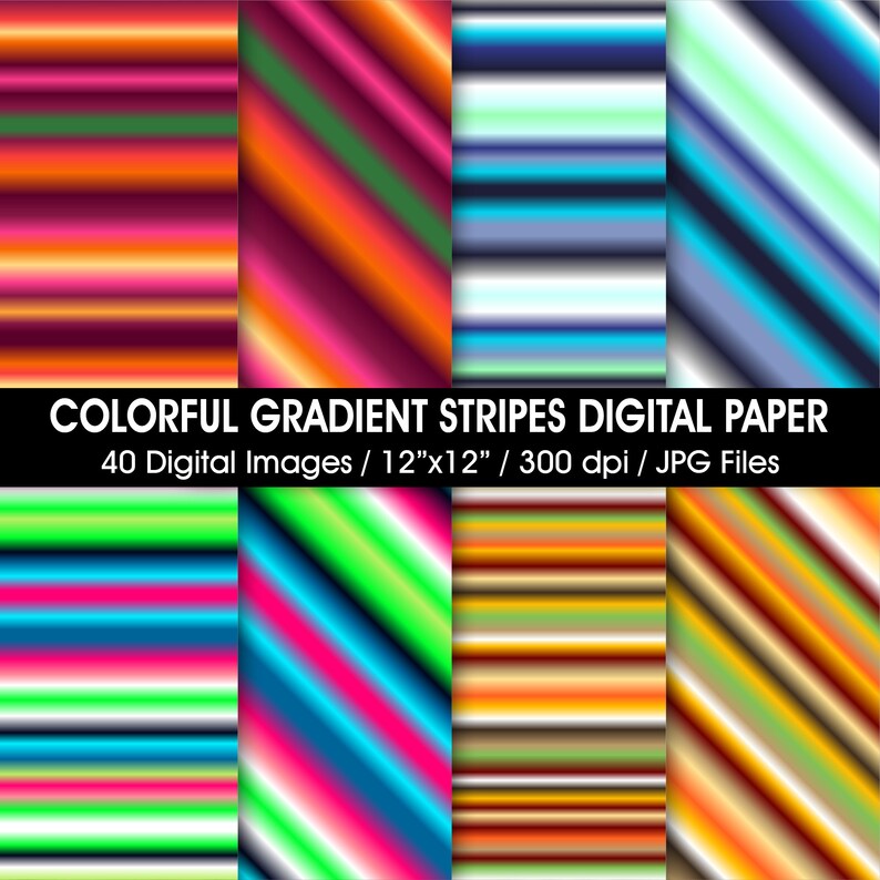 Colorful Gradient Stripes Digital Paper, Stripes Scrapbook Papers ...