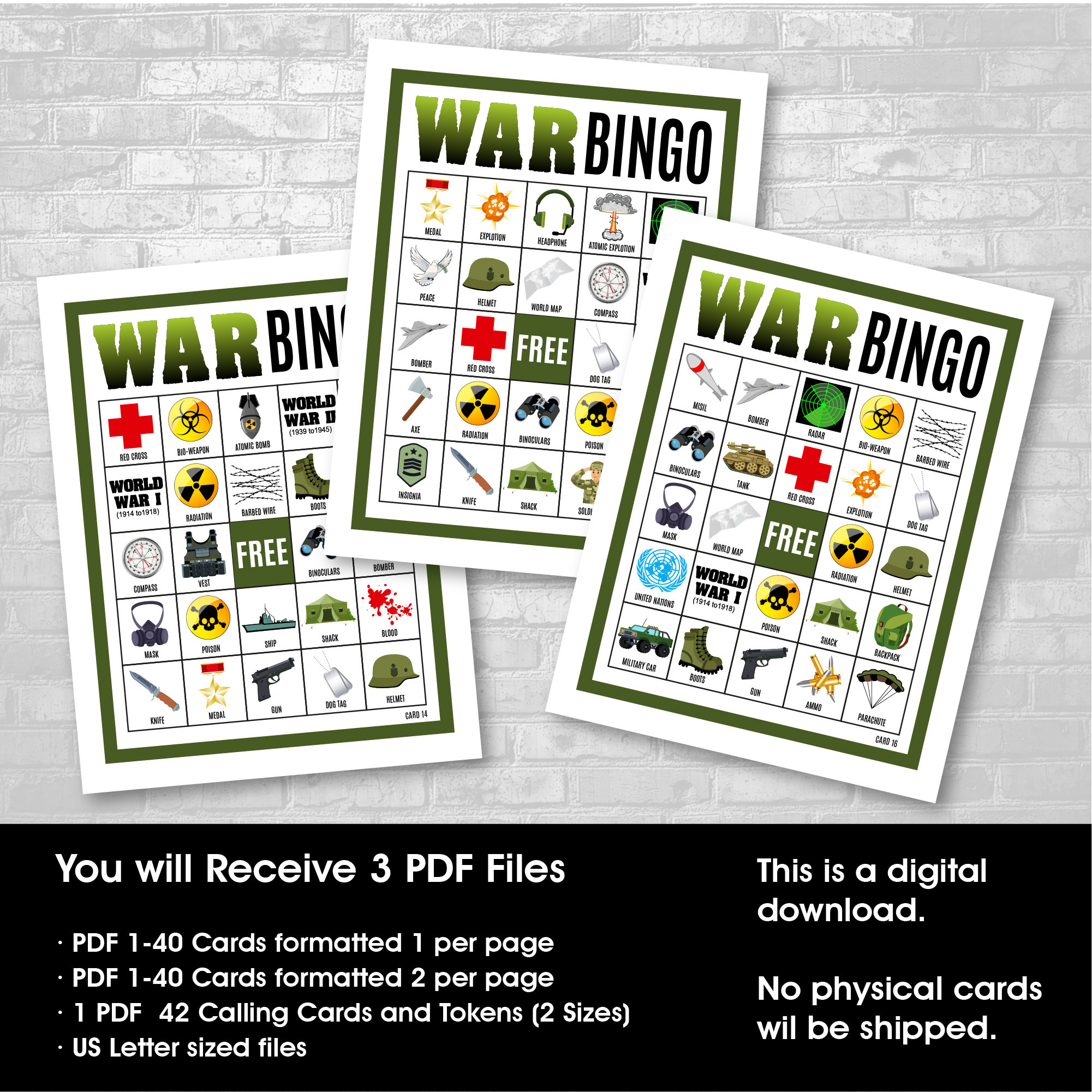 40 War Bingo Cards, 1 or 2 per Page, Memorial Day Bingo, Veteran's Day ...