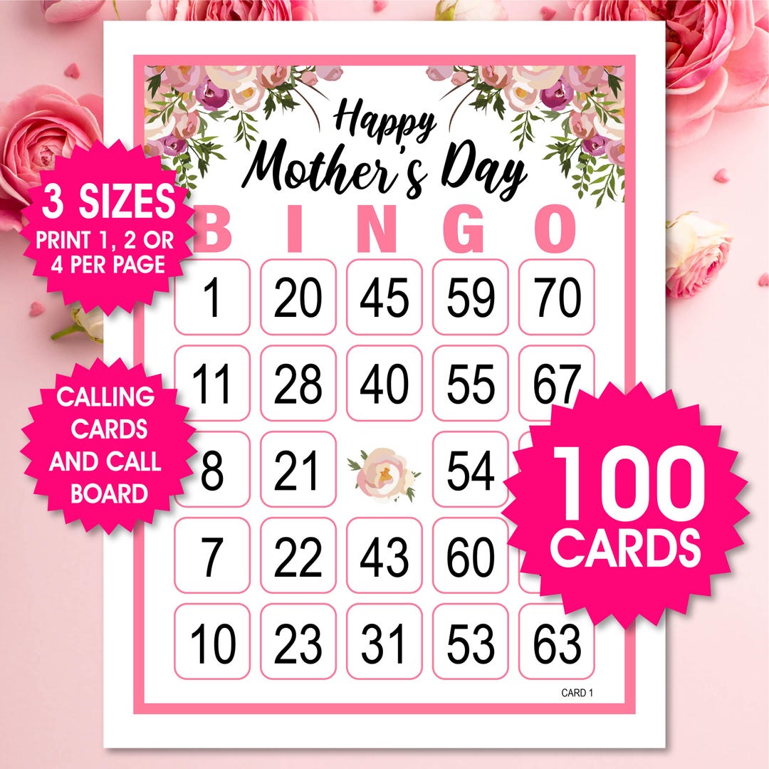 Mother's Day Bingo Game, 100 Cards, Mother's Day Fun Game, Mother's Day ...