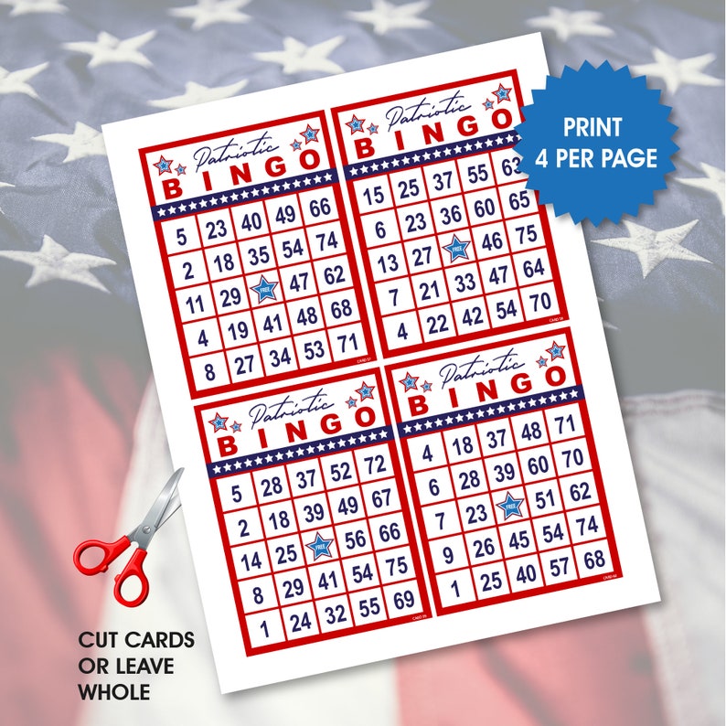 100 Patriotic Bingo Cards, 1, 2, or 4 per Page, 4th of July Game ...