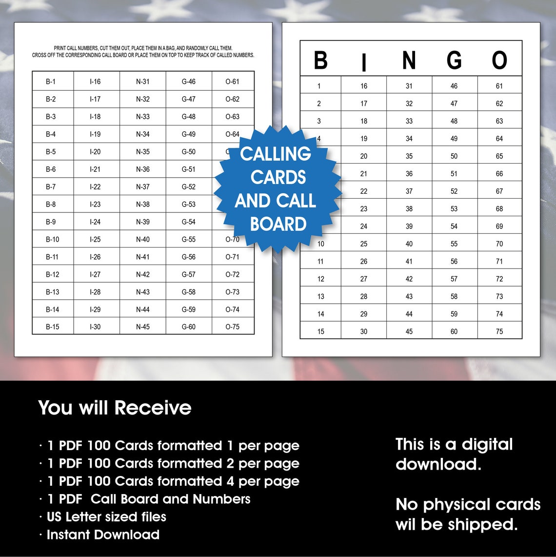 100 Patriotic Bingo Cards, 1, 2, or 4 per Page, 4th of July Game ...