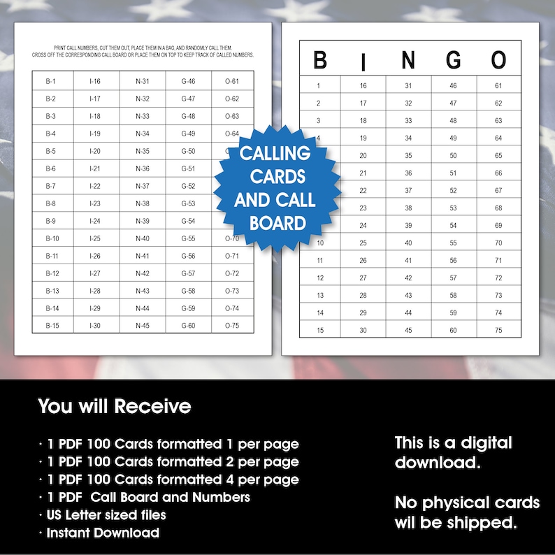 100 Patriotic Bingo Cards, 1, 2, or 4 per Page, 4th of July Game ...