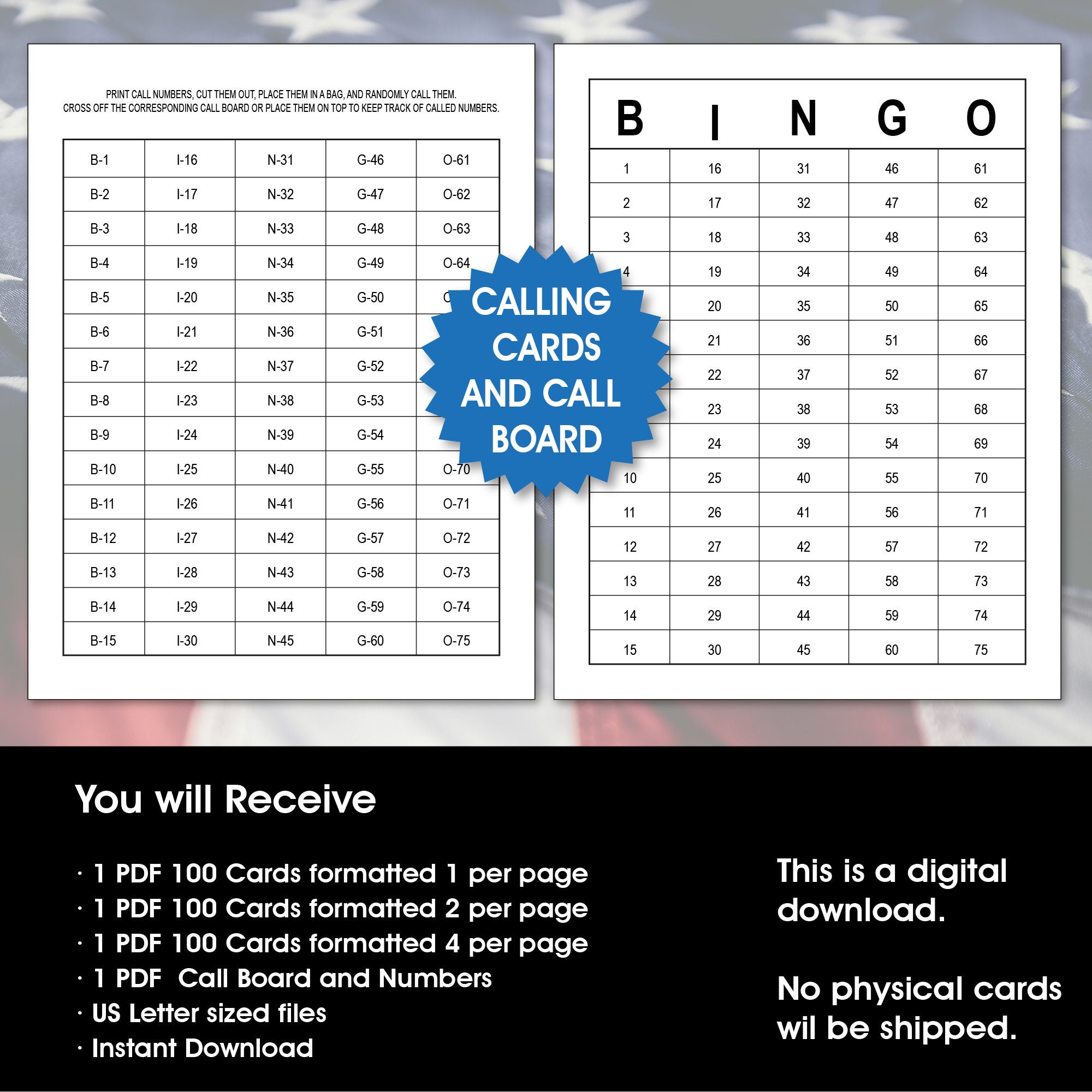 100 Patriotic Bingo Cards, 1, 2, or 4 per Page, 4th of July Game ...