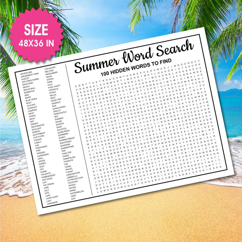 Giant Summer Word Search, Summer Fun Game, Printable Summer Word Search ...