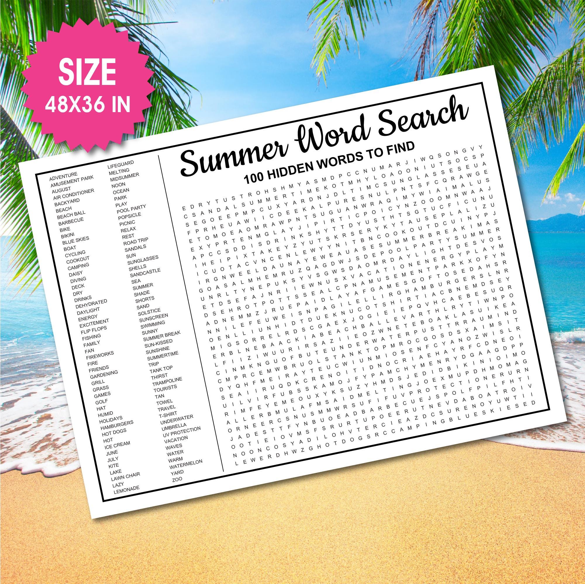 Giant Summer Word Search, Summer Fun Game, Printable Summer Word Search ...
