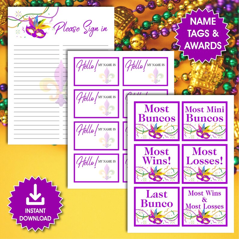 Mardi Gras BUNCO Bundle, Score Cards, Tally Sheets, Name Tags, Table ...