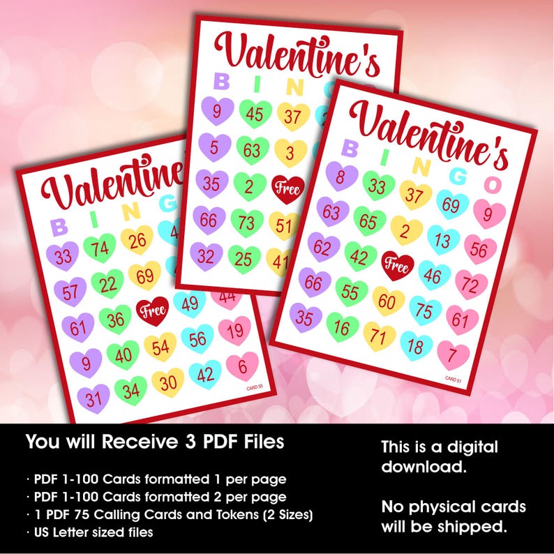 100 Hearts Valentine's Bingo Cards, Fun Party Game (PDF Files) - Etsy