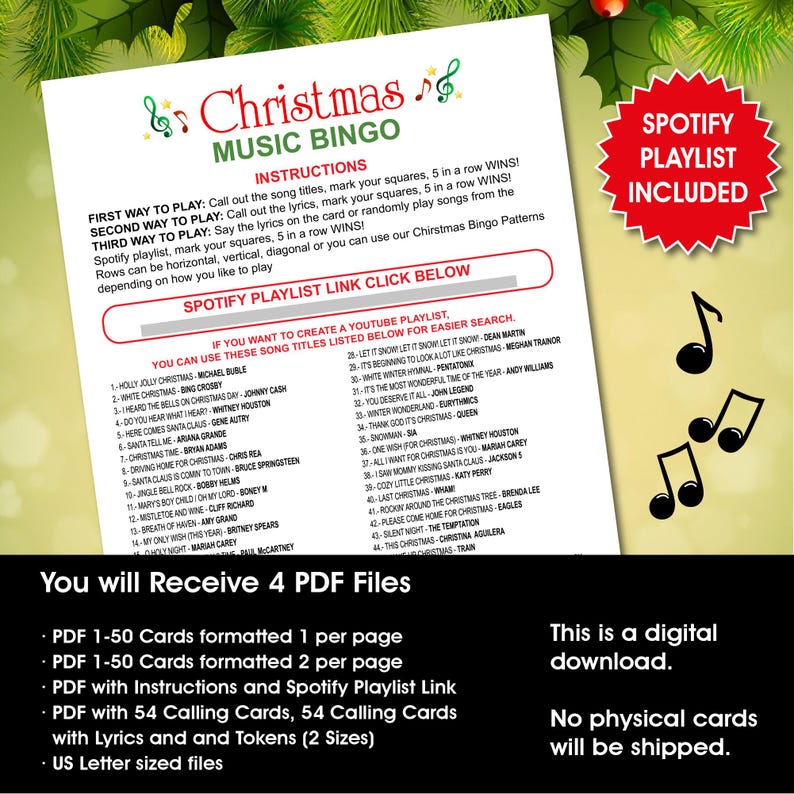 Christmas Music Bingo, 50 Printable Christmas Pop Music Bingo Cards ...