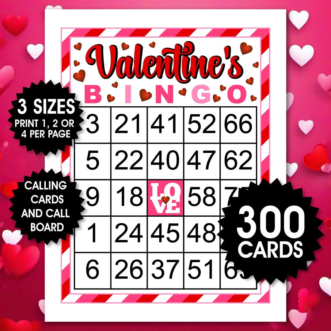 300 Valentine's Bingo Cards, 1, 2, or 4 per Page, Valentine's Party ...