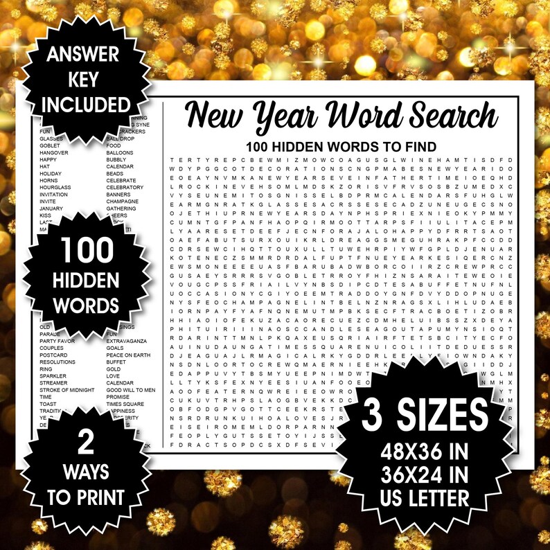 Giant New Year Word Search, New Year's Eve Game, Printable Word Search ...