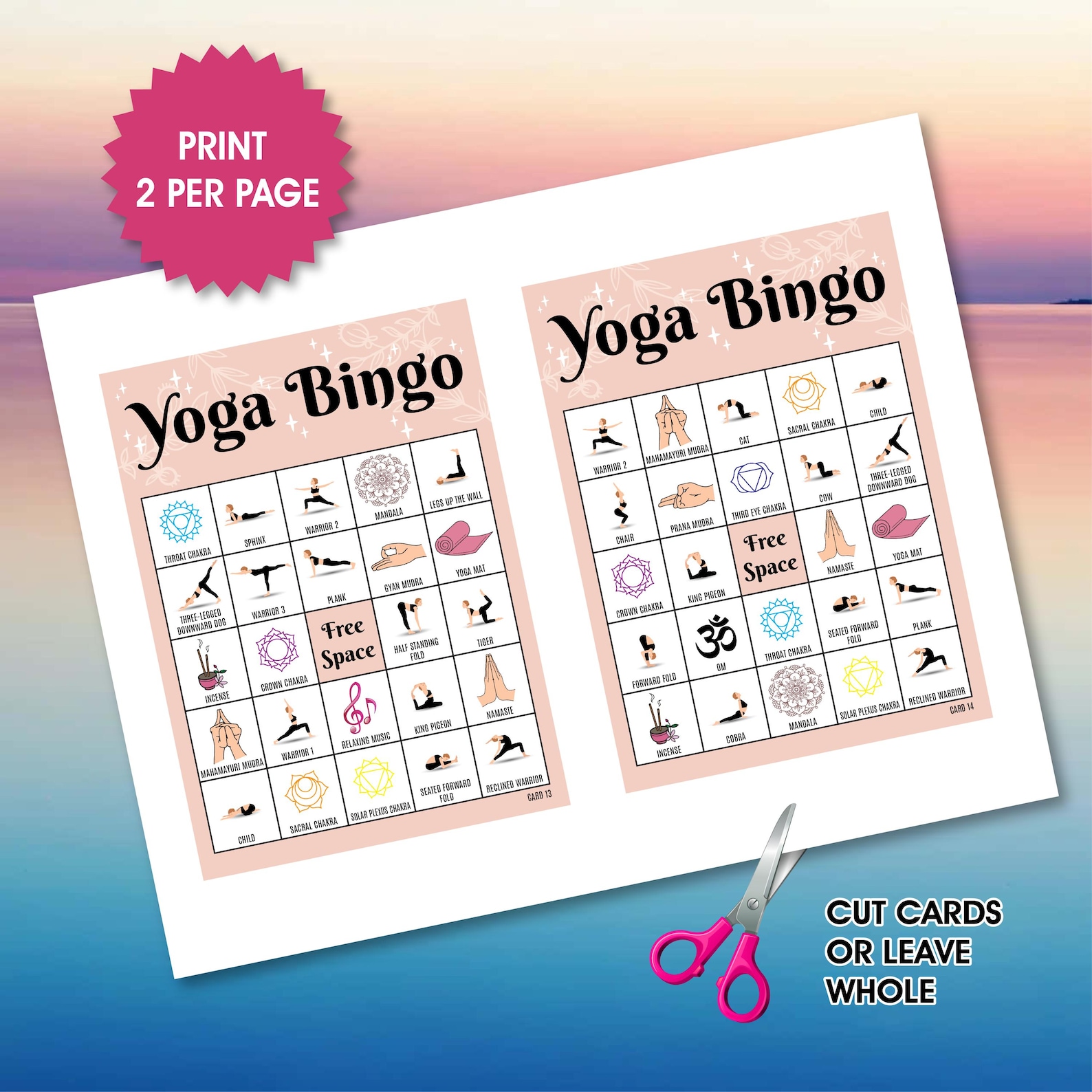 40 Yoga Bingo Cards, 1 or 2 per Page, Fun Party Game, Yoga Class ...