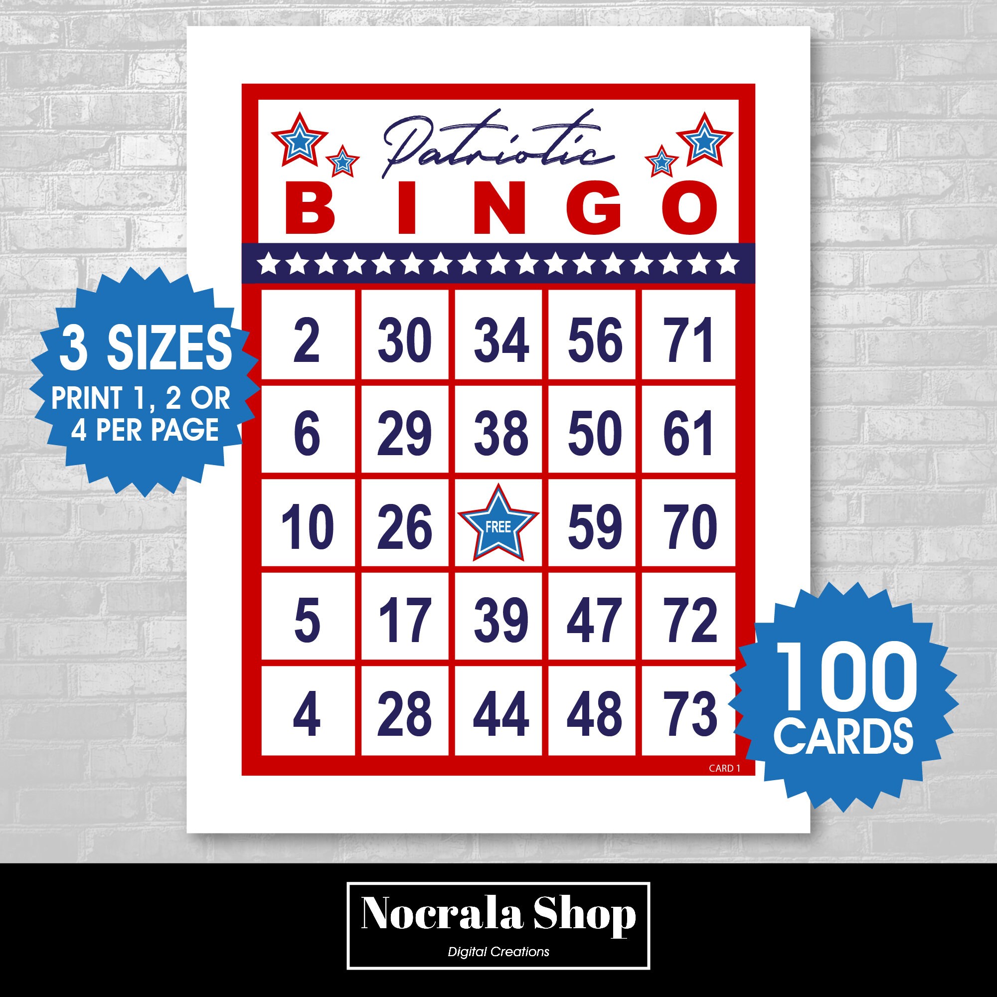 100 Patriotic Bingo Cards, 1, 2, or 4 per Page, 4th of July Game ...