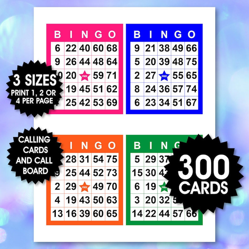 300 Colorful Bingo Cards, 1, 2, or 4 per Page, Fun Party Game ...