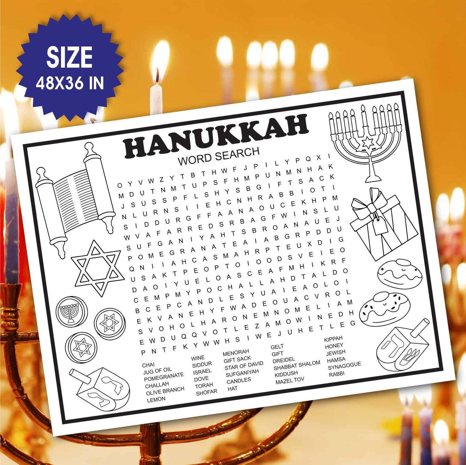 Giant Hanukkah Word Search, Hanukkah Game, Printable Hanukkah Search ...