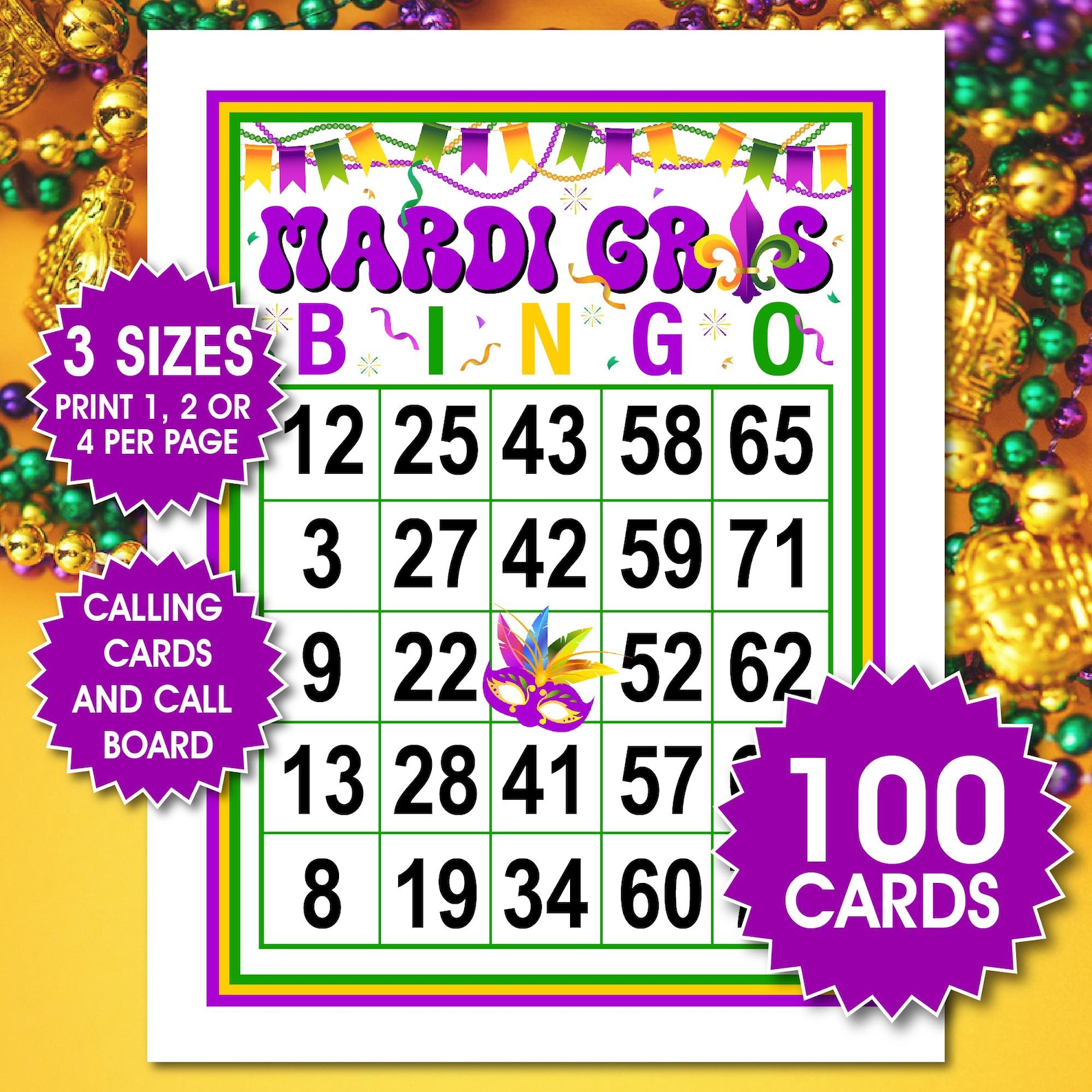 100 Mardi Gras Bingo Cards, 1, 2 or 4 per Page, Mardi Gras Bingo Game ...
