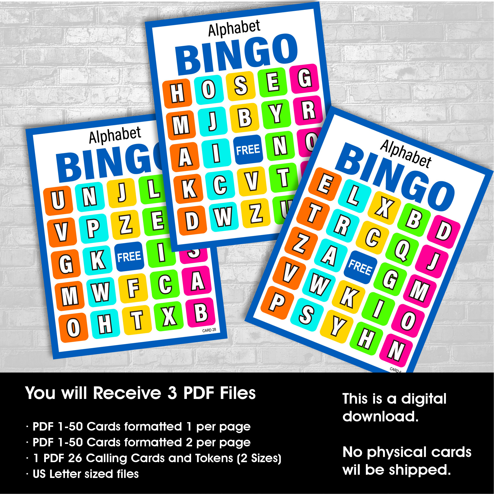 50 Upper Case Bingo Cards, 1 or 2 per Page, Fun Party Game, Classroom ...