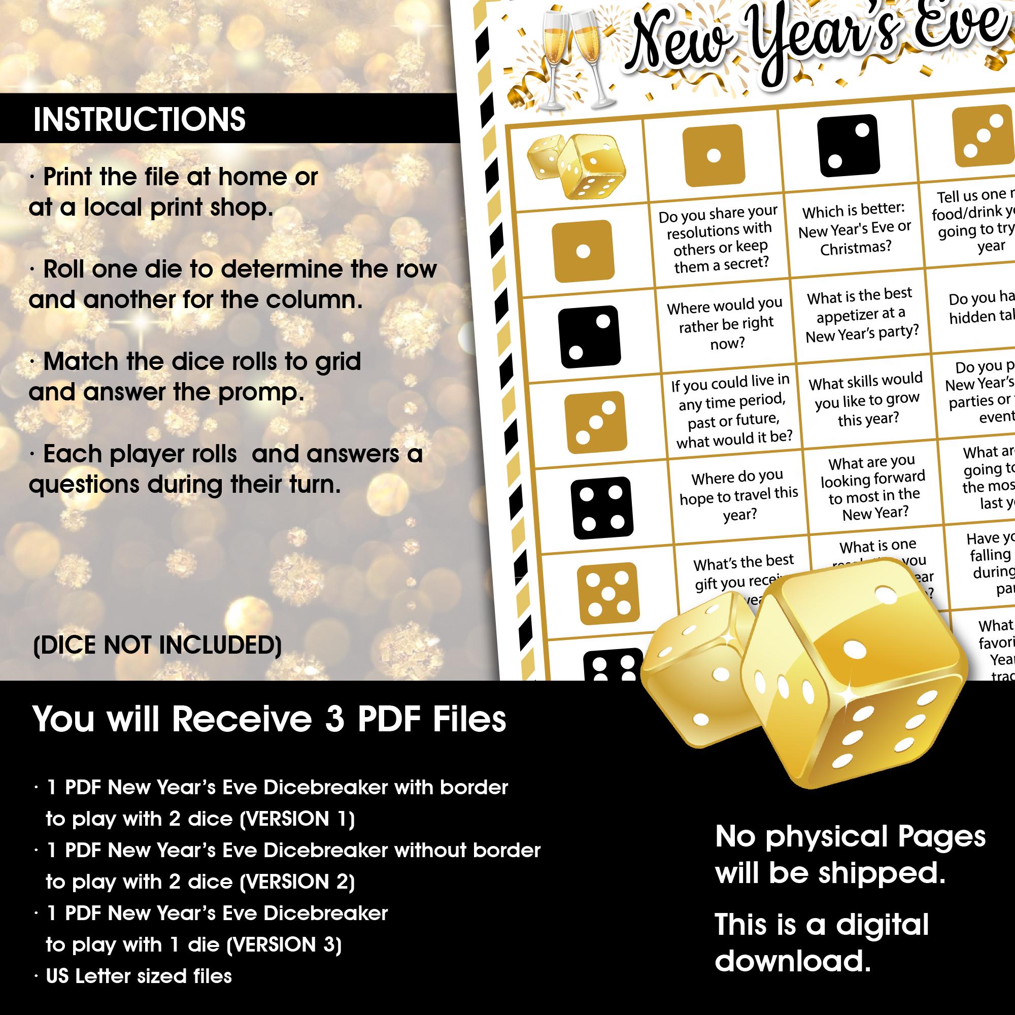New Year's Eve Icebreaker Dice Game, Party Conversation Starters (PDF ...