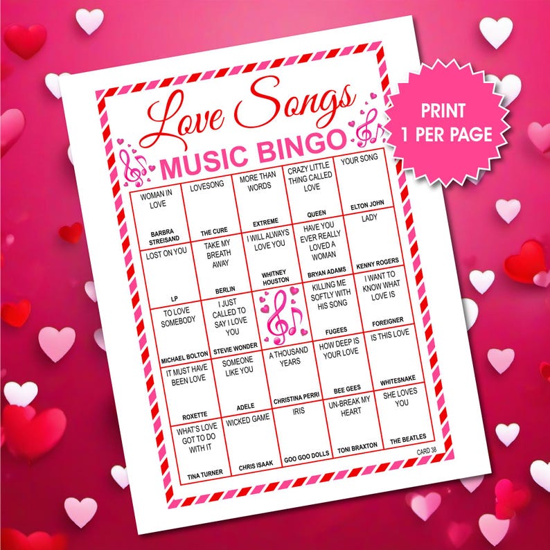 Love Songs Music Bingo, 50 Printable Love Pop Music Bingo Cards ...