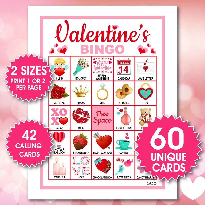 60 Valentine's Day Bingo Cards, Romantic Bingo, Valentines Party Game ...