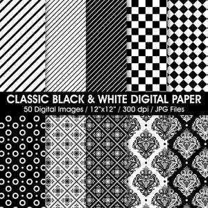 50 Classic Black & White Seamless Pattern Digital Papers, Printable ...
