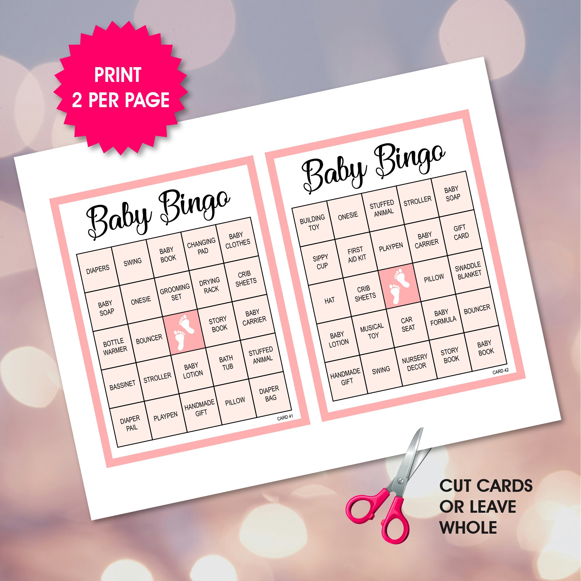 60 Pink Baby Bingo Cards, 1 or 2 per Page, Baby Party Game, Baby Shower ...