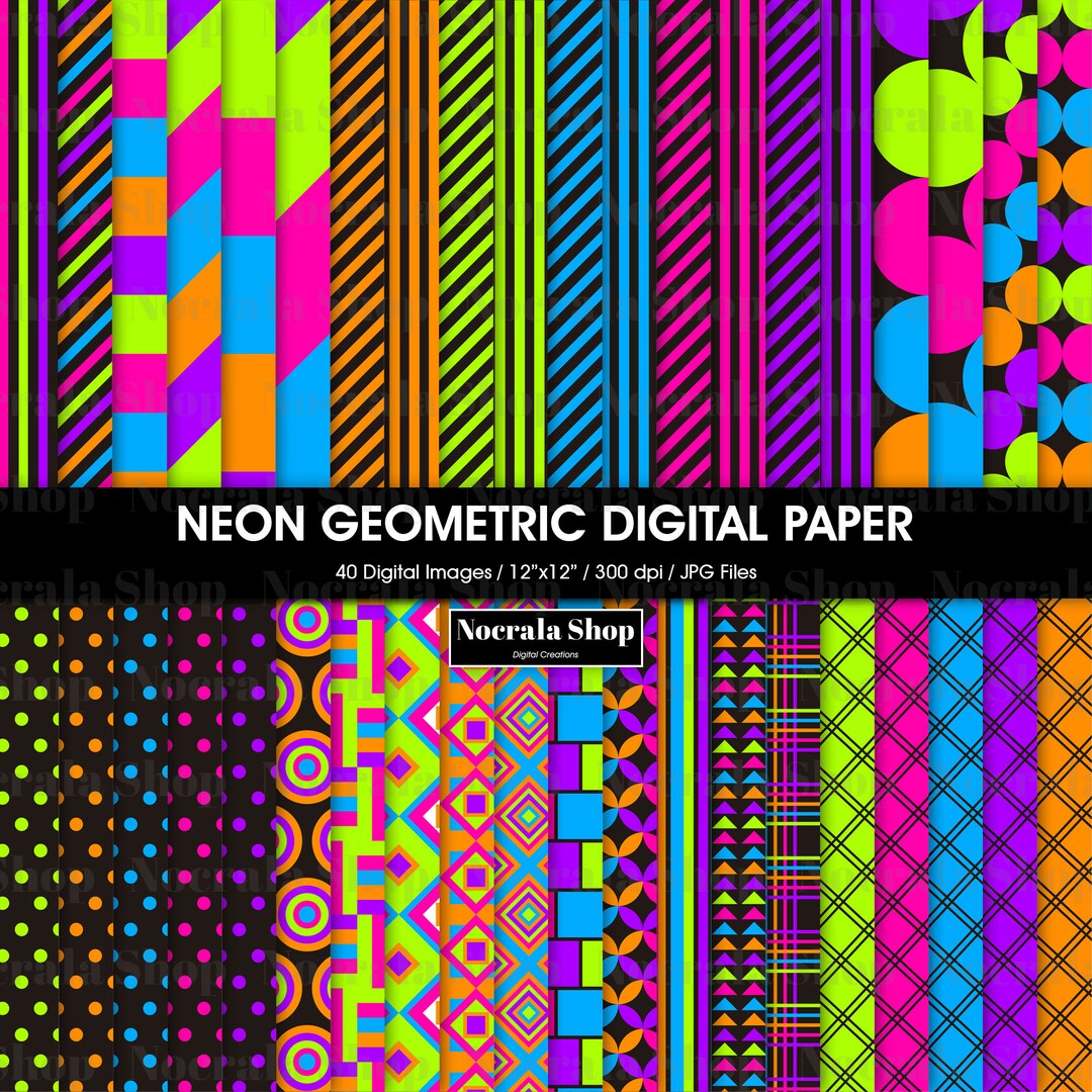 Neon Geometric Digital Paper, Neon Colors Scrapbook Papers, Instant ...