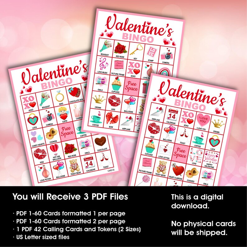 60 Valentine's Day Bingo Cards, Romantic Bingo, Valentines Party Game ...