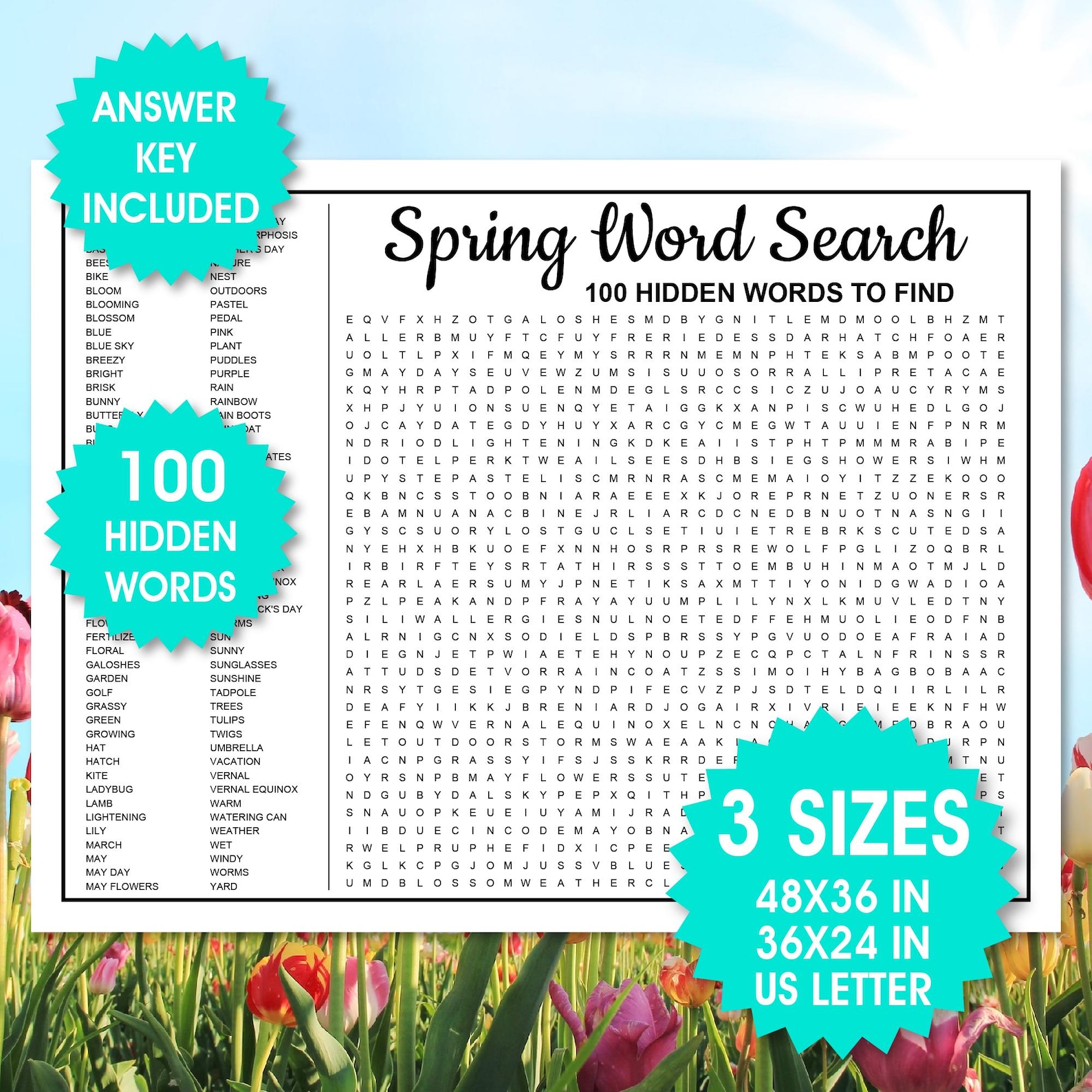 Giant Spring Word Search, Spring Brake Fun Game, Printable Spring Word ...