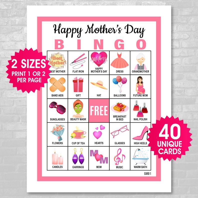 40 Happy Mother's Day Bingo Cards, 1 or 2 per Page, Mother's Day Party ...