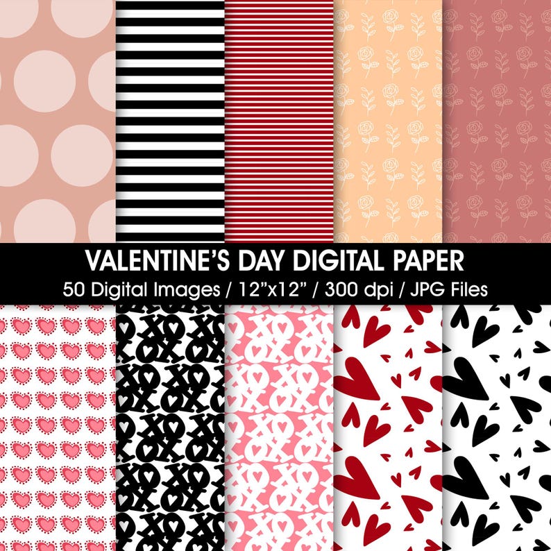50 Valentine's Day Seamless Pattern Digital Paper, Romantic Boho Pink ...