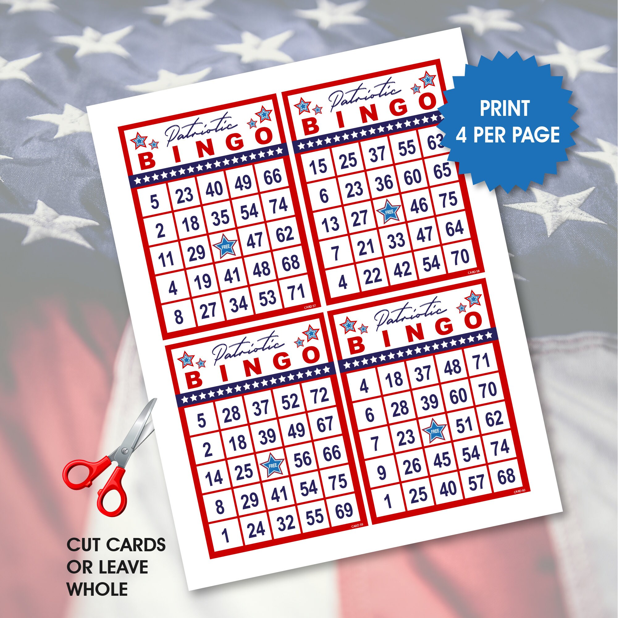 50 Patriotic Bingo Cards, 1, 2, or 4 per Page, 4th of July Game ...